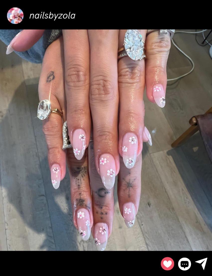 You're about to see cherry blossom nails everywhere thanks to Hailey